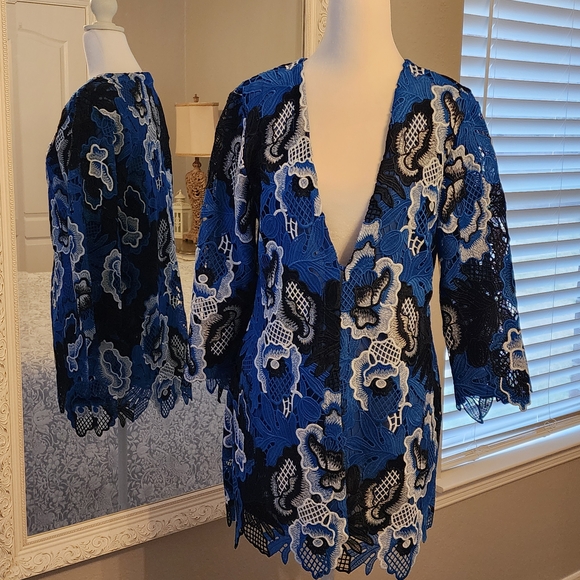 Boston Proper | Tops | Boston Proper Blue And Black Lace Cardiganduster ...